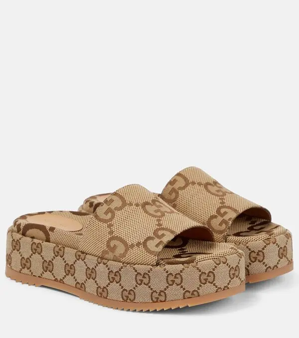 Gucci Gg Maxi Canvas Platform Slides - Beige