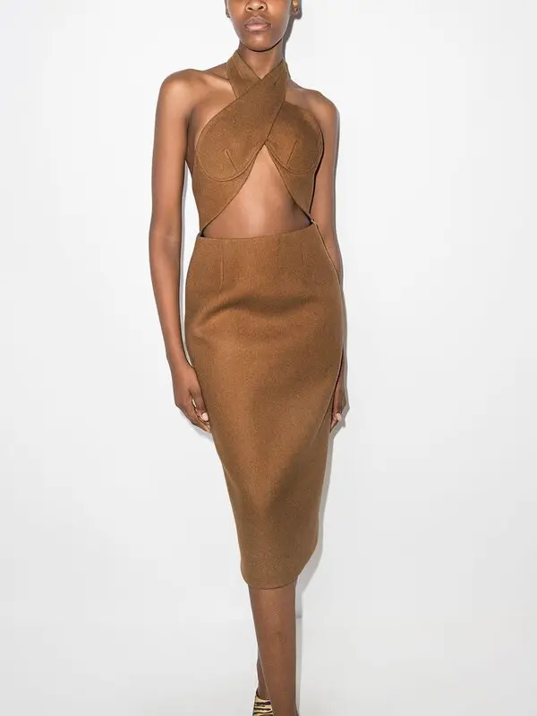 laquan smith cut out dress Cut-Out Halterneck Midi Dre - Brown Jersey gown Color:WHITE-BLUE-MULTI Latto made a revealing halloween-2025