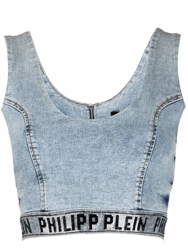 Philipp Plein Logo-underband Denim Crop Top - Blue