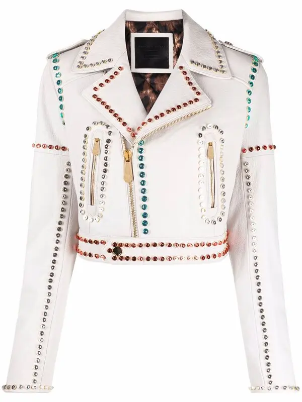 Philipp Plein Crystal-trim Studded Biker Jacket - White