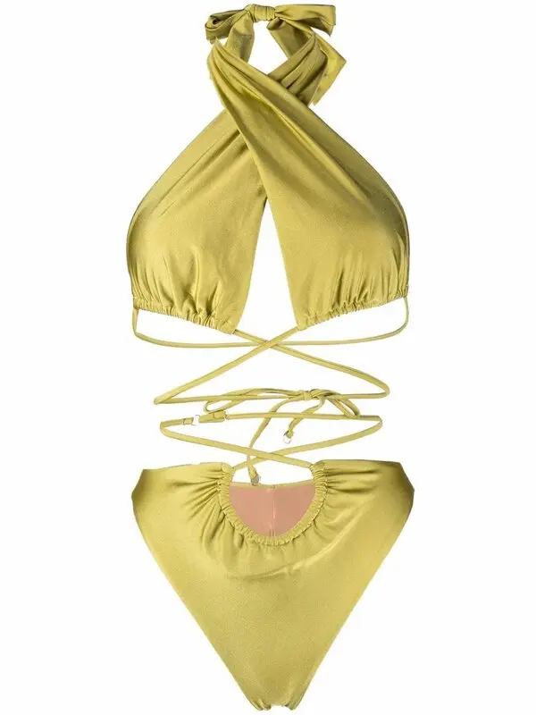 NOIRE SWIMWEAR Lattice-strap Halterneck Swimsuit - Yellow