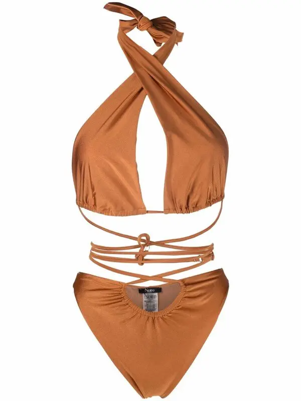 NOIRE SWIMWEAR Lattice-strap Halterneck Swimsuit - Neutrals