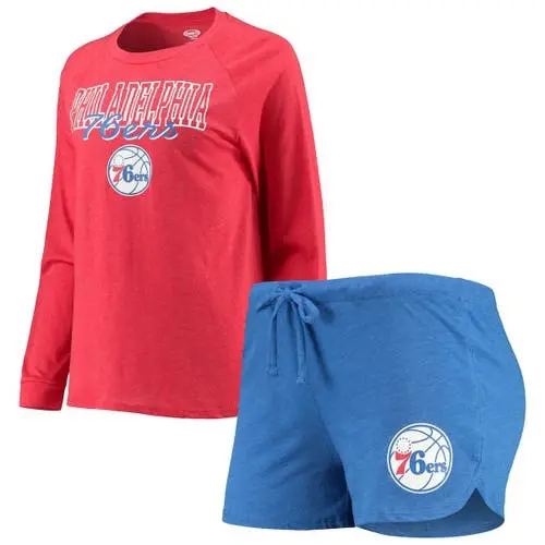 CONCEPTS SPORT Heathered Royal/heathered Red Philadelphia 76ers Raglan Long Sleeve T-shirt & Shorts Sleep Set - Heather Royal