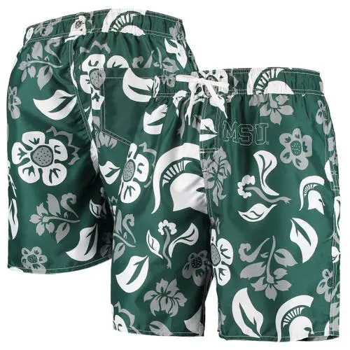 WES & WILLY Michigan State Spartans Floral Volley Swim Trunks - Green