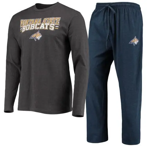 CONCEPTS SPORT Heathered Charcoal Montana State Bobcats Meter Long Sleeve T-shirt & Pants Sleep Set - Navy