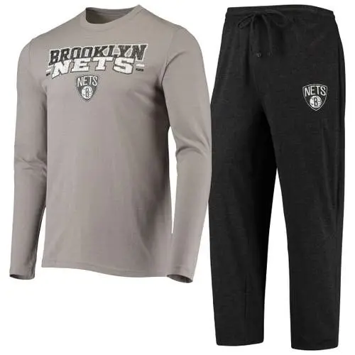 CONCEPTS SPORT Gray Brooklyn Nets Long Sleeve T-shirt & Pants Sleep Set - Black