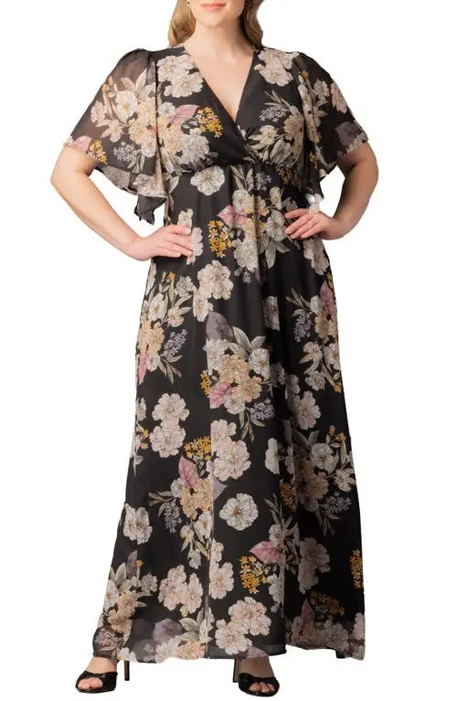 KIYONNA Metallic Thread Maxi Dress - Midnight Peony Print