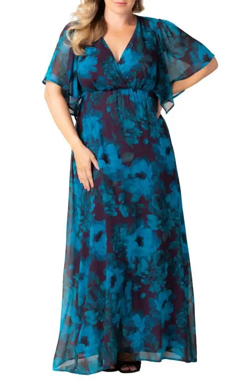 KIYONNA Carmella Flutter Sleeve Gown - Tempting Teal Florals