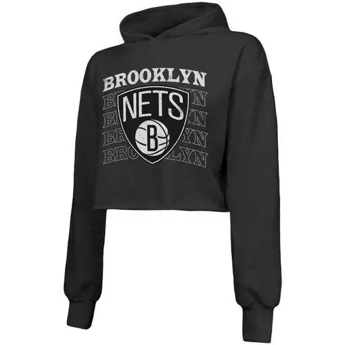 MAJESTIC THREADS Brooklyn Nets Repeat Cropped Tri-blend Pullover Hoodie