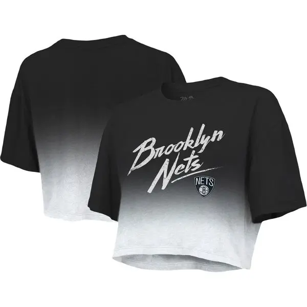 MAJESTIC THREADS White Brooklyn Nets Dirty Dribble Tri-blend Cropped T-shirt - Black