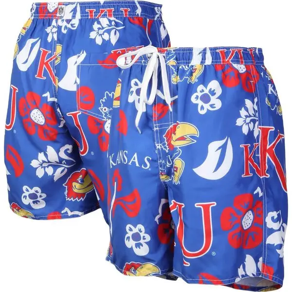 WES & WILLY Kansas Jayhawks Floral Volley Logo Swim Trunks - Royal