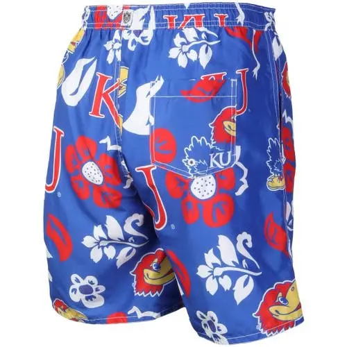 WES & WILLY Kansas Jayhawks Floral Volley Logo Swim Trunks By