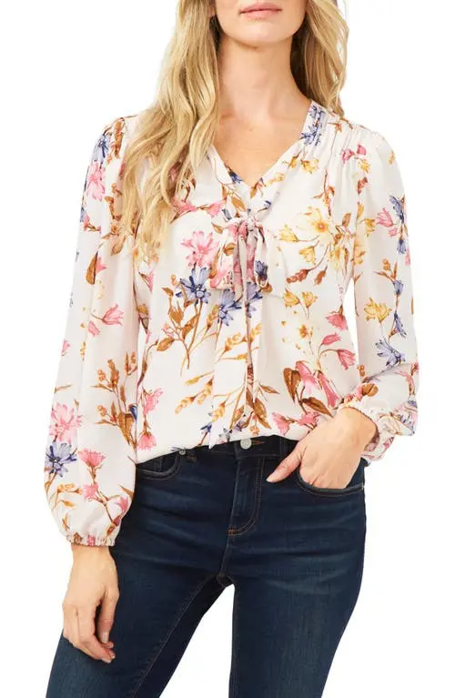 CECE DUPRAZ Dolce Floral Print Tie Neck Blouse - Soft Ecru