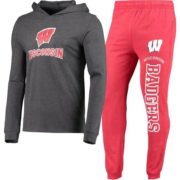 CONCEPTS SPORT Heather Charcoal Wisconsin Badgers Meter Long Sleeve Hoodie T-shirt & Jogger Pajama Set - Red