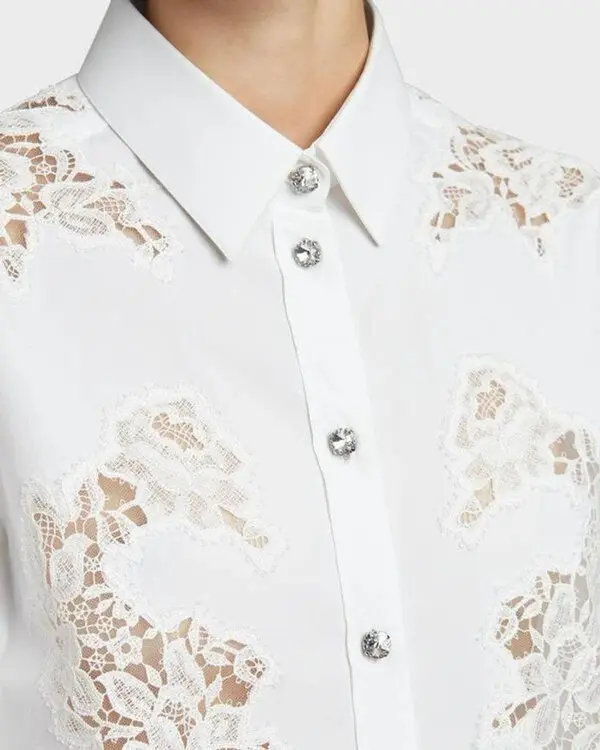Dolce & Gabbana Lace Insert Poplin Shirt W/ Crystal Buttons