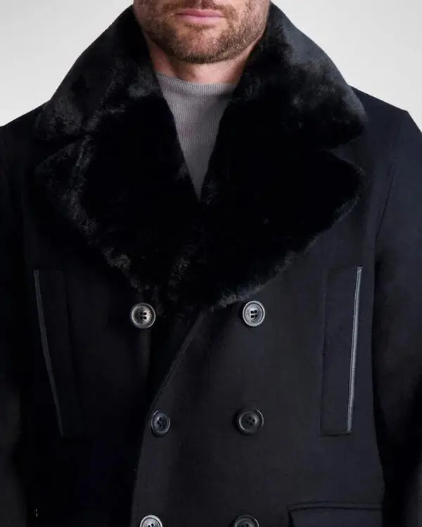 Karl Lagerfeld Paris Wool Pea Coat With Faux Fur Collar - Black Black