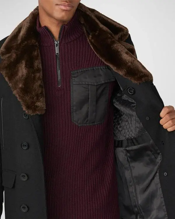 Karl Lagerfeld Paris Wool Pea Coat With Faux Fur Collar - Brn/blk