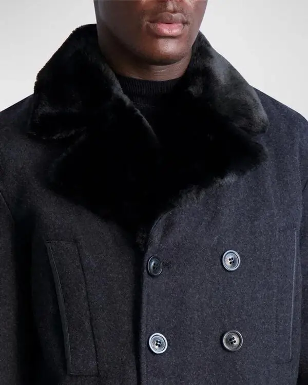 Karl Lagerfeld Paris Wool Pea Coat With Faux Fur Collar - Charcoal Black