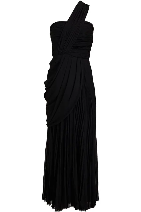 Giambattista Valli Oneshoulder Draped Pleated Silkcrepe Maxi Dress - Black