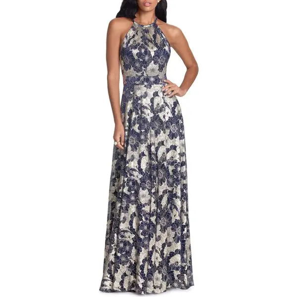 Betsy & Adam Metallic Floral Halter A-line Gown
