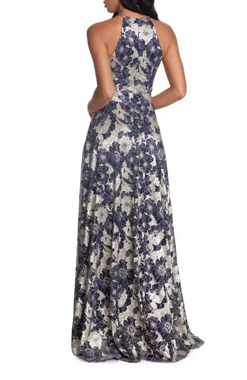 Betsy & Adam Metallic Floral Halter A-line Gown