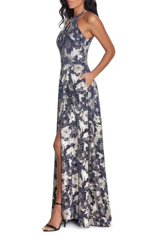 Betsy & Adam Metallic Floral Halter A-line Gown