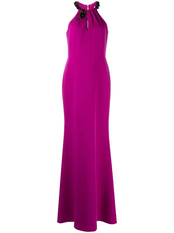 Marchesa Keyhole Neck Halter Gown - Purple