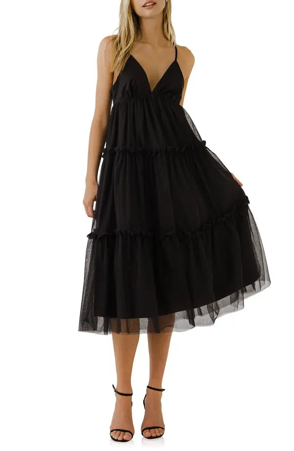 knee length dresses for ladies English Factory Women's Tulle Contrast Midi Dress, Mauve, Xs