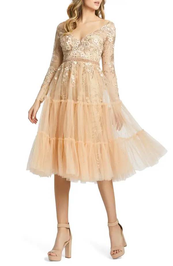Mac Duggal Floral Long Sleeve Tulle Midi Dress - Champagne