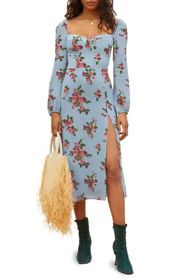 Reformation Shelby Floral Long Sleeve Dress In Blue - 40% Off | Editorialist