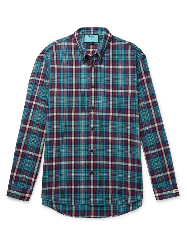 Gucci Disney Button-Down Collar Embroidered Checked Wool-Blend