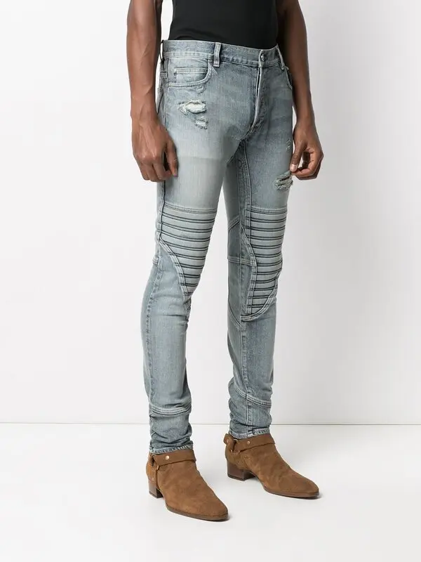 Balmain Distressed Ribbed-Panel Skinny Jeans In Blue - 50% Off