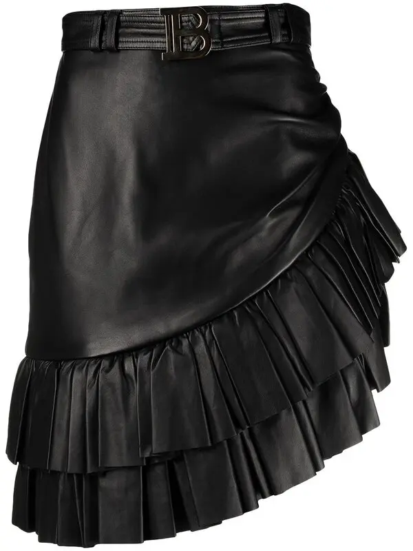Balmain Short Asymmetric Ruffled Leather Skirt