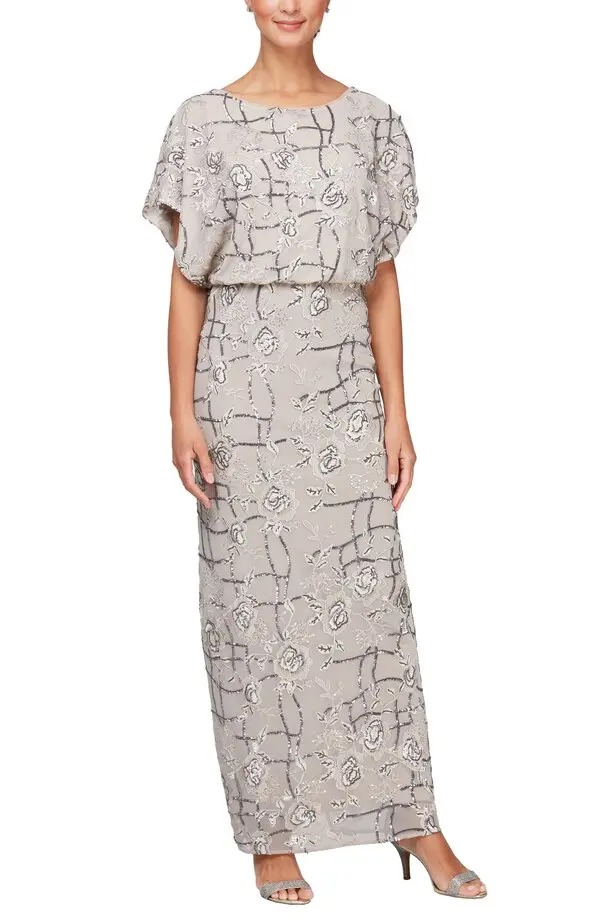 Alex Evenings Floral Blouson Column Dress - Taupe | Editorialist