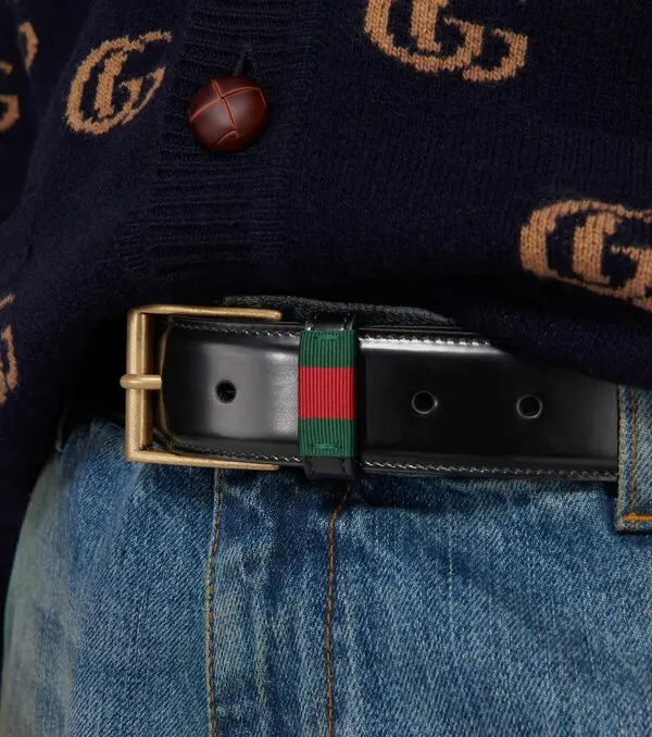 Gucci Leather Belt With Web - Black | Editorialist display picture 1