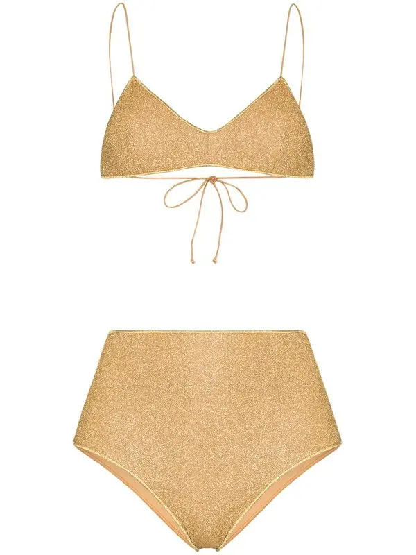Oseree Lumiére Metallic High-waist Bikini Set - Gold