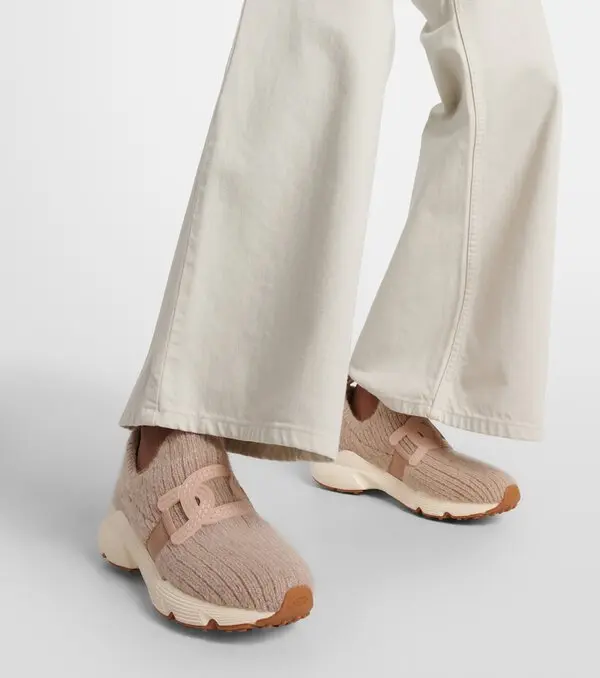 TOD'S Leather-trimmed Knit Sneakers - Beige