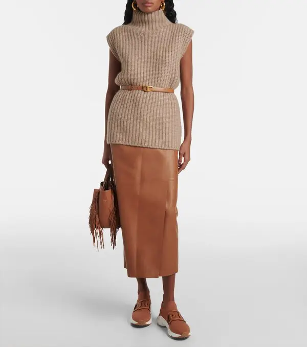 TOD'S Leather-trimmed Knit Sneakers - Beige