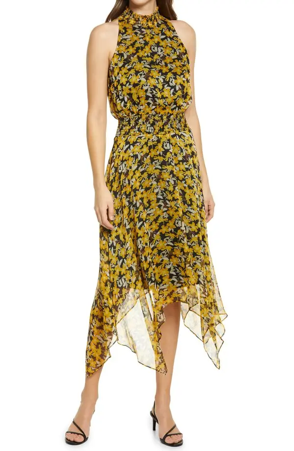 white christmas dresses Printed Chiffon Cowl Asymmetrical Maxi Dress – bebe main image 0