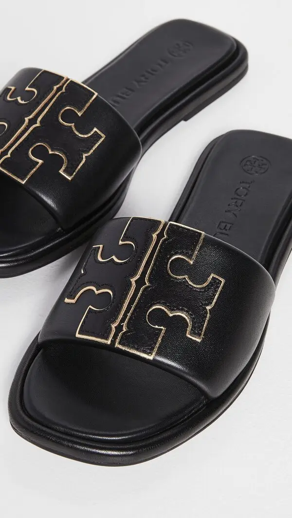 Tory Burch Double T Sport Slides - Perfect Black/gold