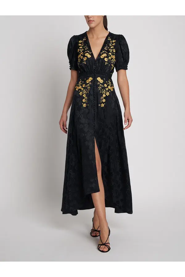 Saloni Lea Long Dress In Gold Flowers