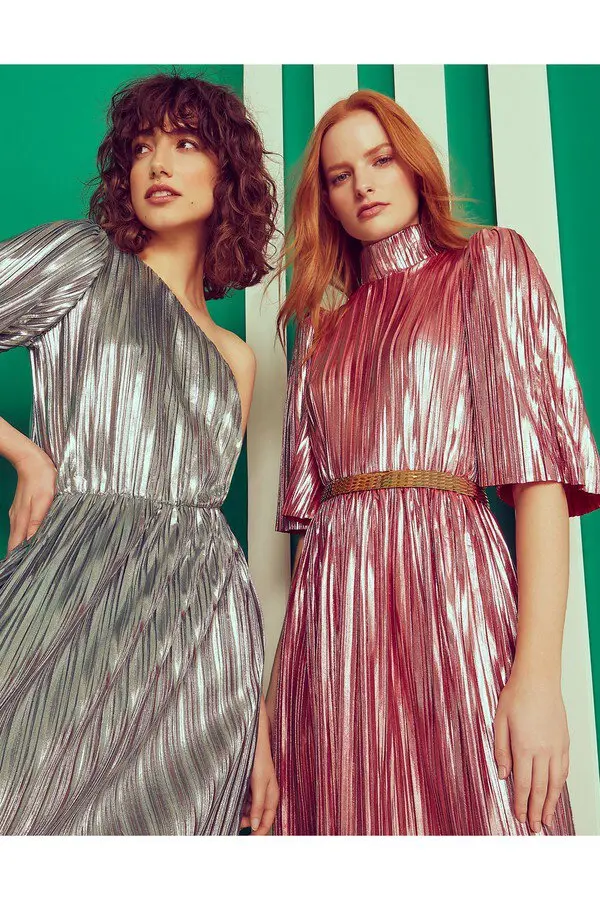 Lisou Diane Pink Plisse High Neck Midi Dress - Metallic | Editorialist