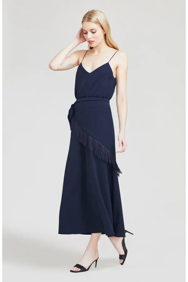 princess polly baby blue dress Lela Rose Embroidered Fringe Fluid Crepe Handkerchief Midi Dress In Blue /  Navy - 70% Off