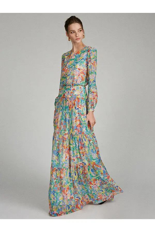 Saloni Isabel Long Dress In Confetti Print - Multicolor | Editorialist
