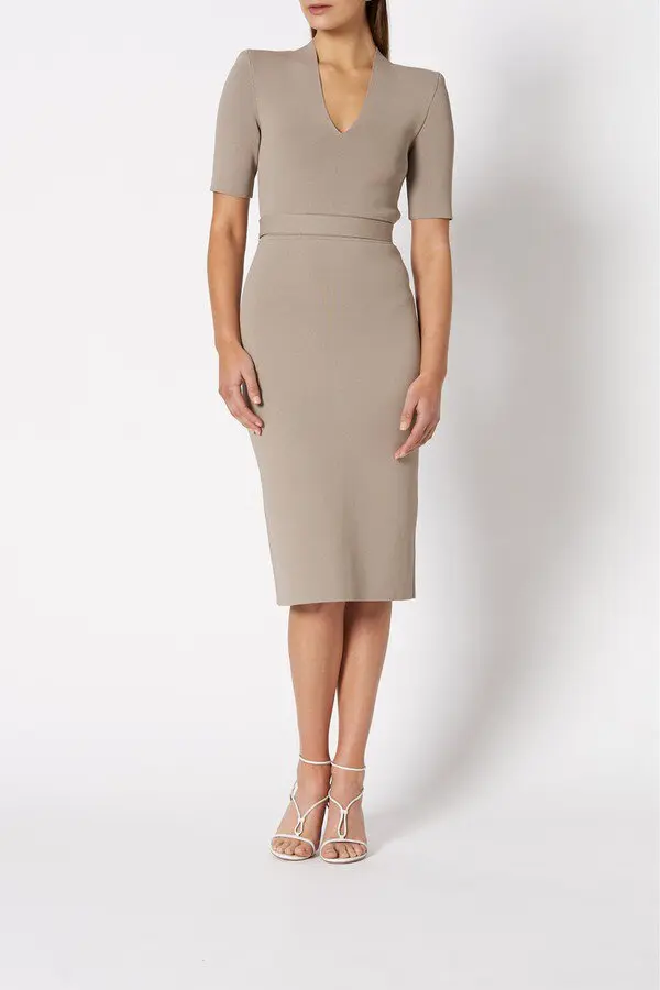 Scanlan Theodore Crepe Knit V Neck Dress - Neutral | Editorialist