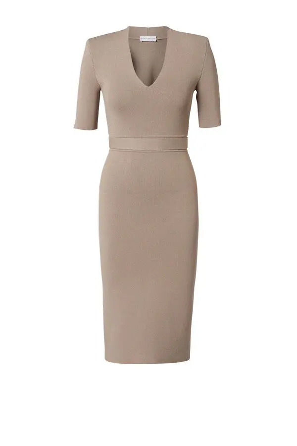 Scanlan Theodore Crepe Knit V Neck Dress - Neutral | Editorialist