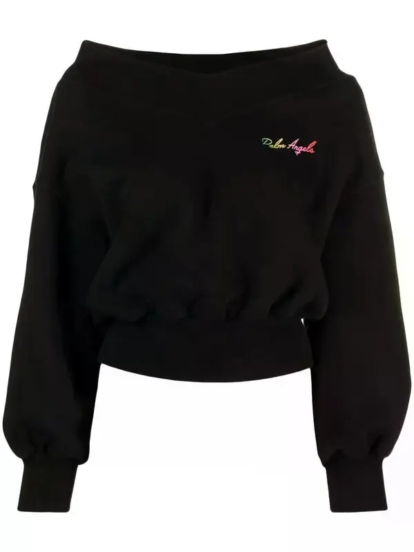 Palm Angels Off-shoulder Logo Print Sweatshirt - Black