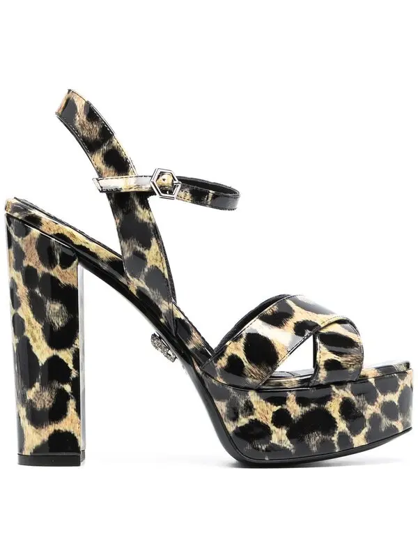 Philipp Plein Patent Leopard Print Platform Sandals - Neutrals