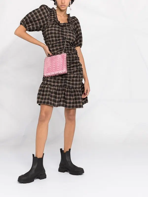 ganni checked cotton-blend seersucker mini dress GANNI Checked Cotton-blend Seersucker Mini Wrap Dress