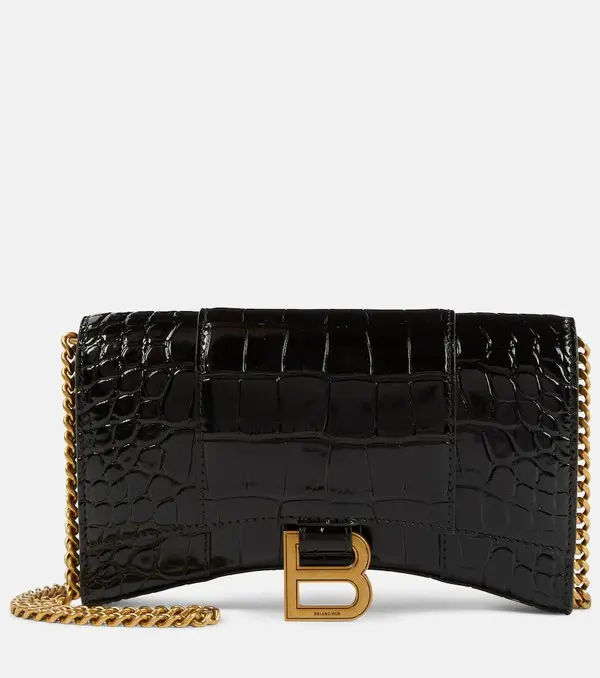 Balenciaga Hourglass Croc-effect Leather Wallet On Chain - Black